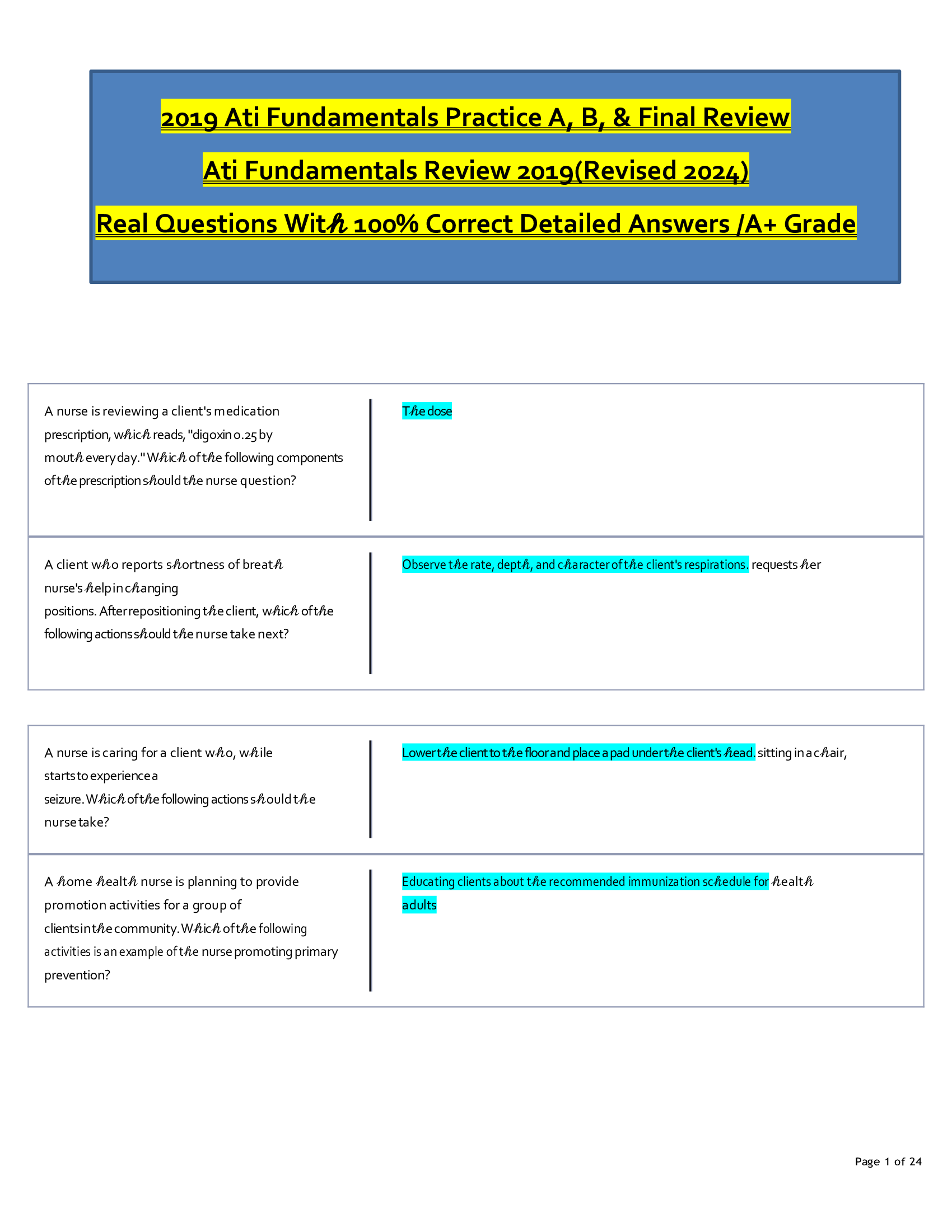 2019 ATI Fundamentals Practice A, B & Final Review – Real Questions ...