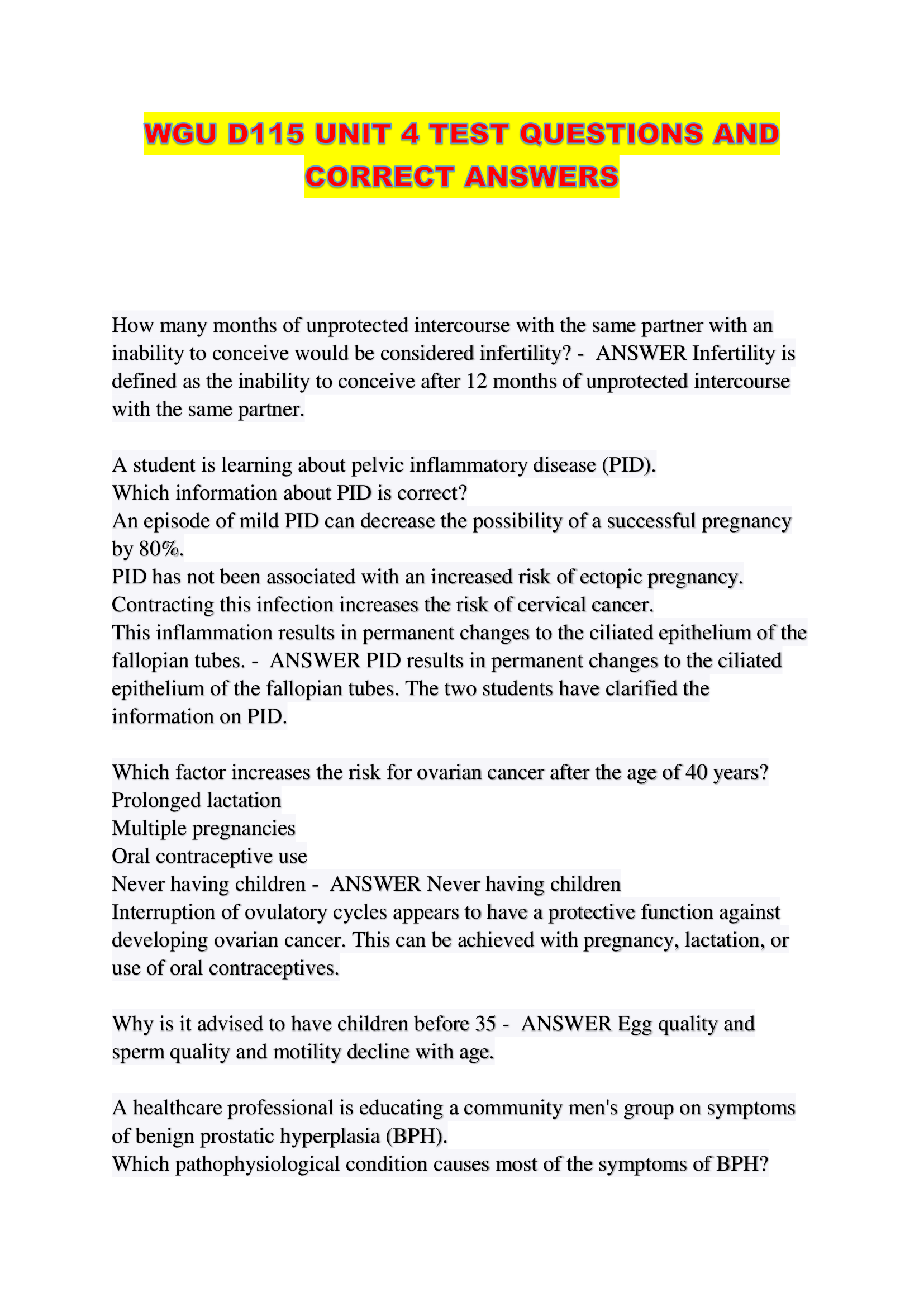 WGU D115 UNIT 4 TEST QUESTIONS AND CORRECT ANSWERS - Pasing Grades