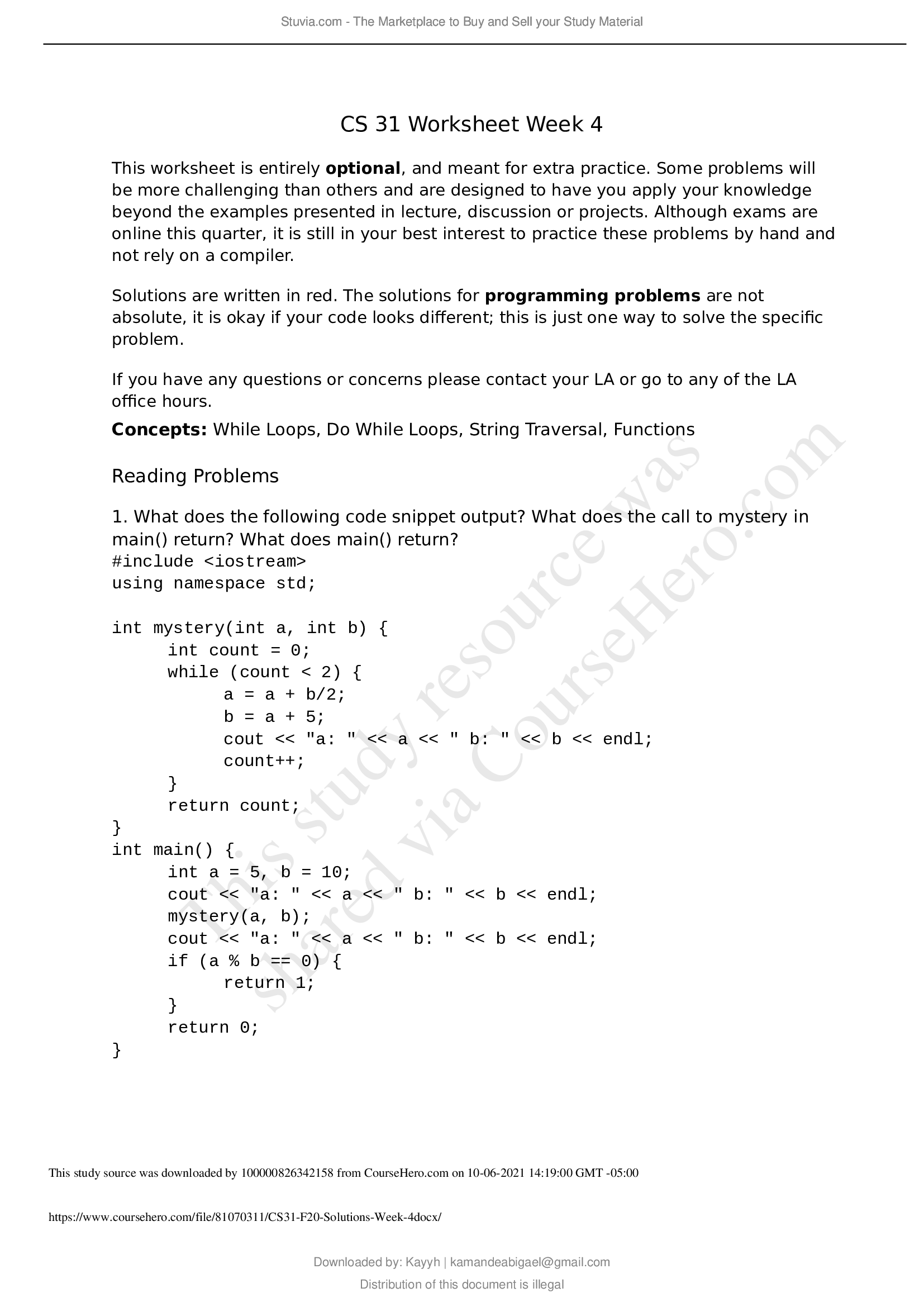 CS 31 Worksheet Week 4 Concepts While Loops, Do While Loops, String ...