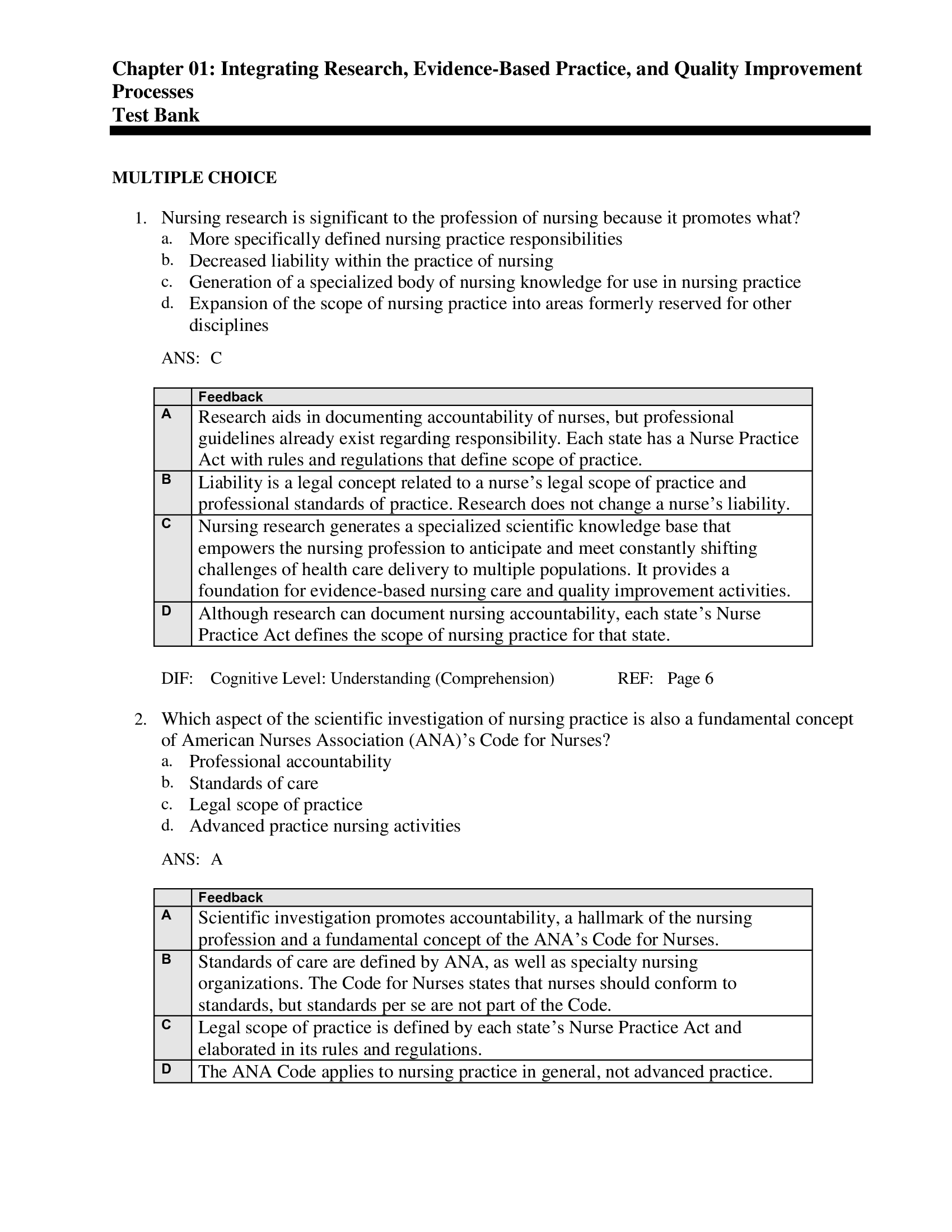 Test Bank Nursing Research, Methods and Critical Appraisal for Evidence ...