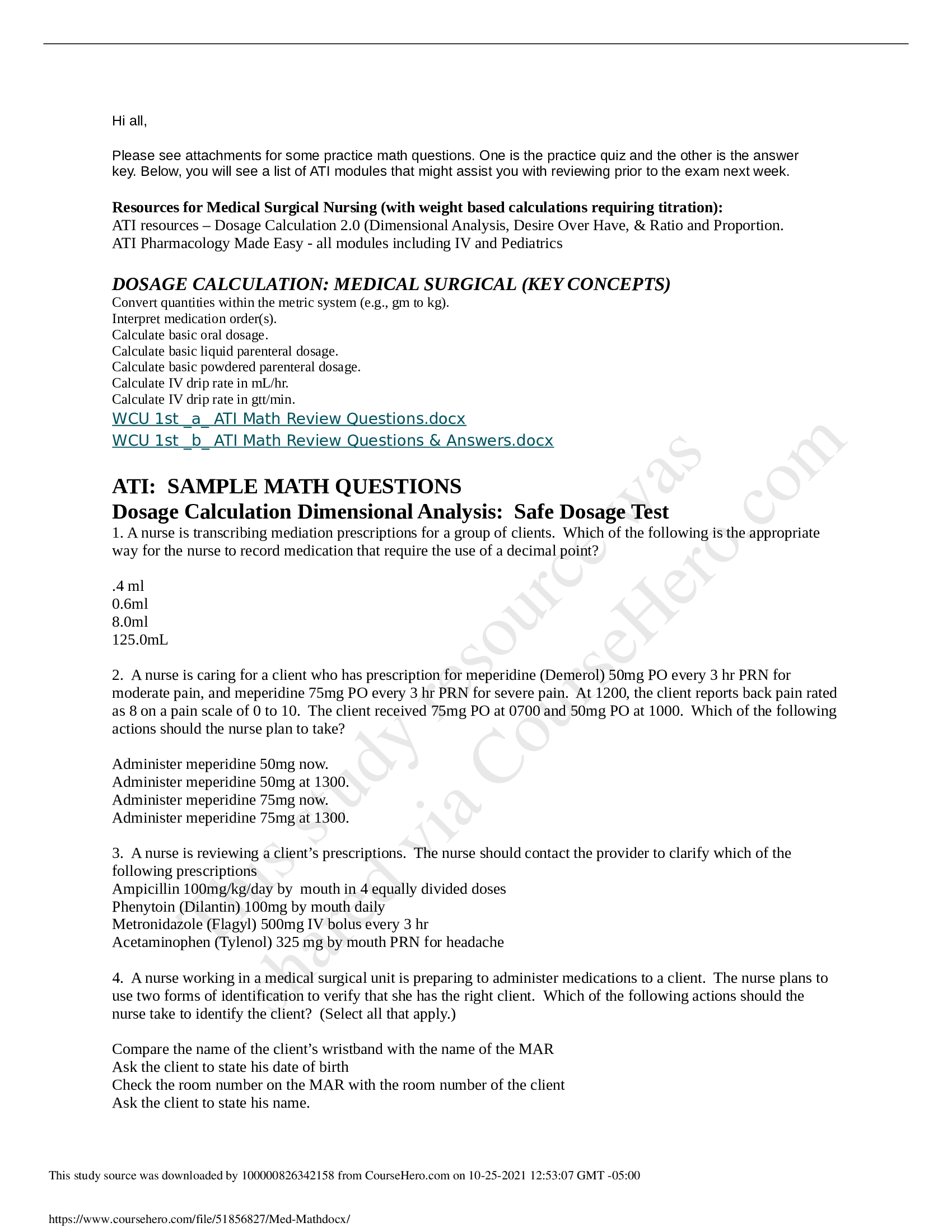 NURS 180 ATI SAMPLE MATH QUESTIONS (Dosage Calculation Dimensional ...