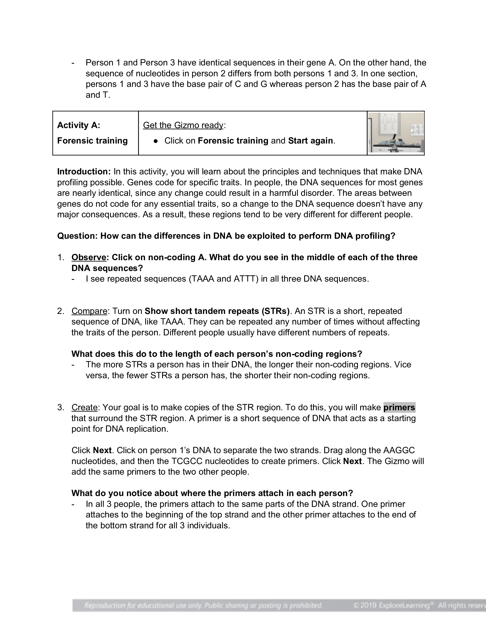 Gizmos - Student Exploration: DNA Profiling Answer key. - Pasing Grades