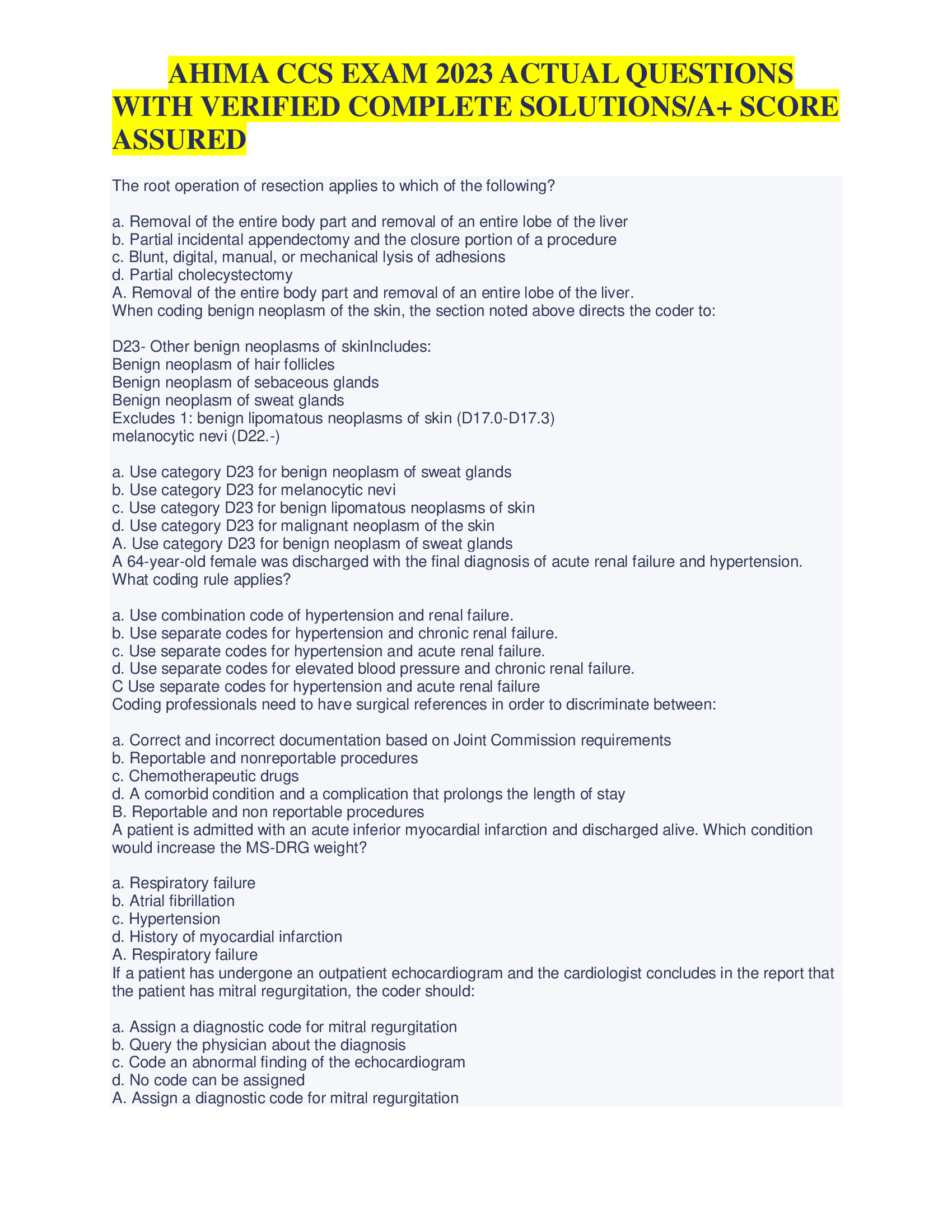 AHIMA CCS EXAM 2023 ACTUAL QUESTIONS WITH VERIFIED COMPLETE SOLUTIONS ...