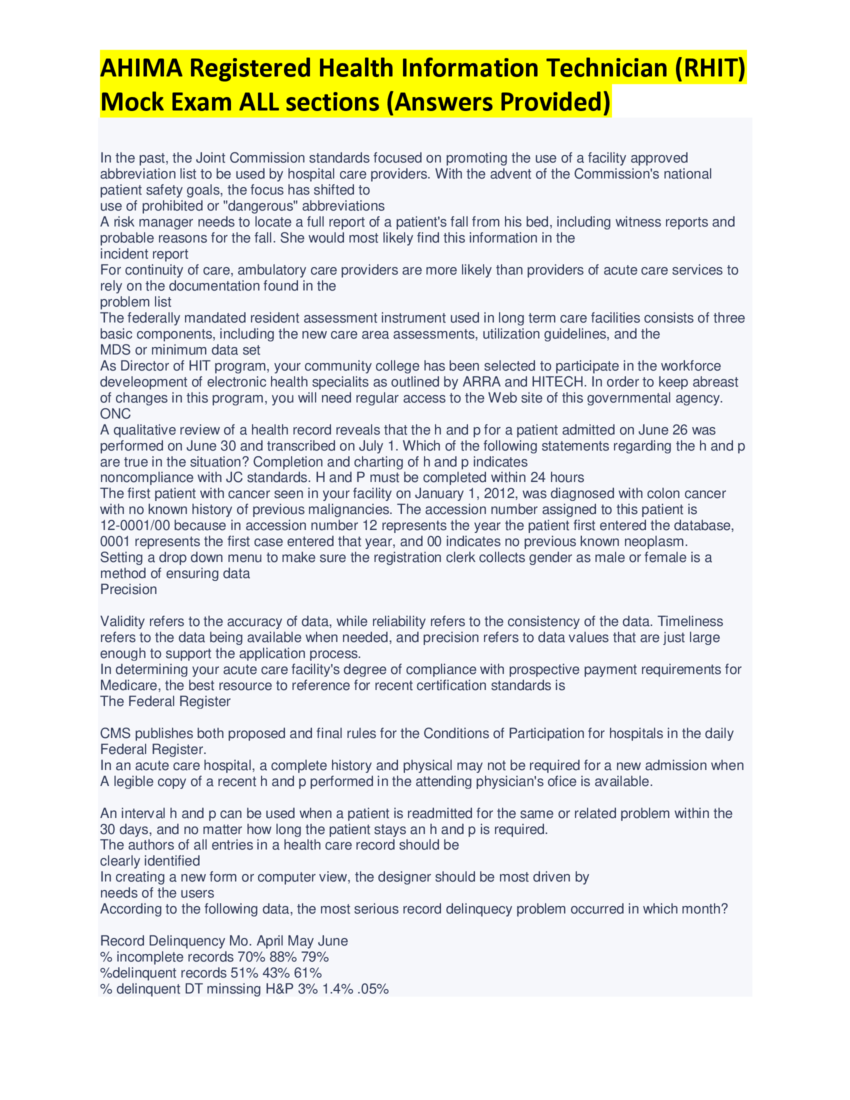 AHIMA Registered Health Information Technician (RHIT) Mock Exam ALL ...