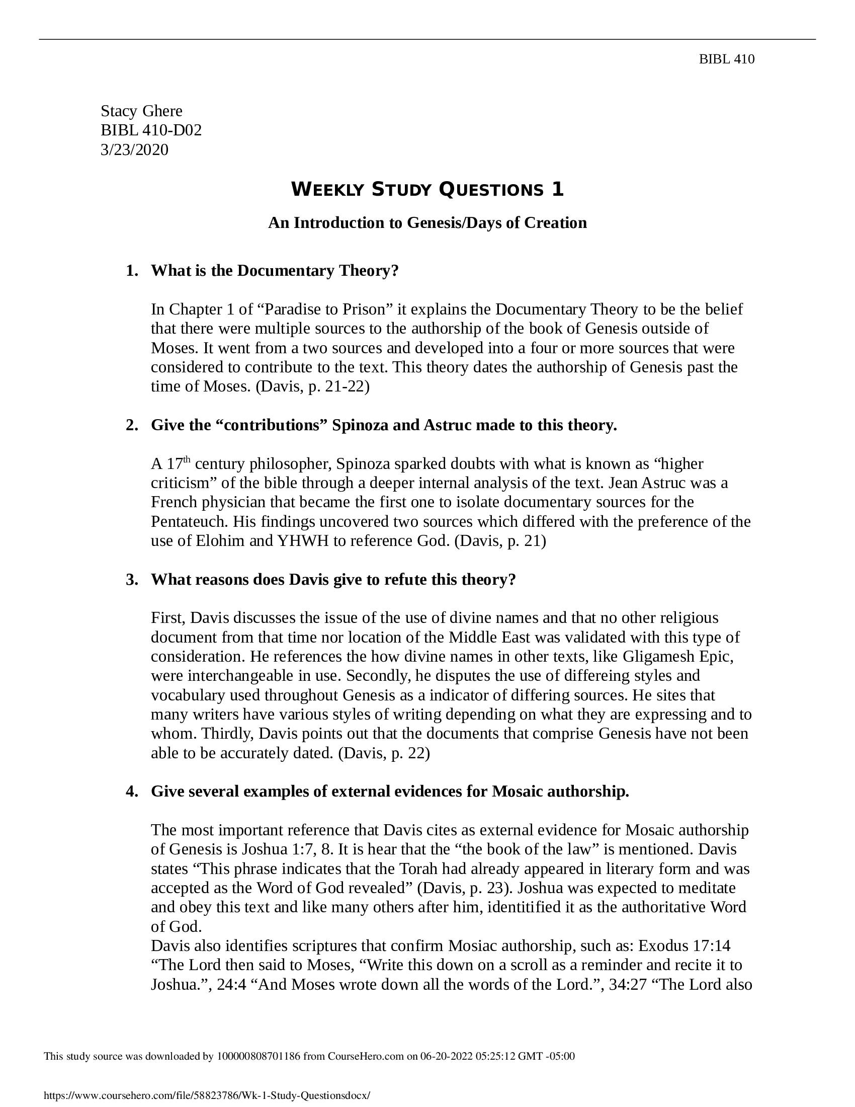 Introduction to Genesis, Days of Creation WEEK 1 QUESTION and ANSWERS with all CORRECT SOLUTIONS ...