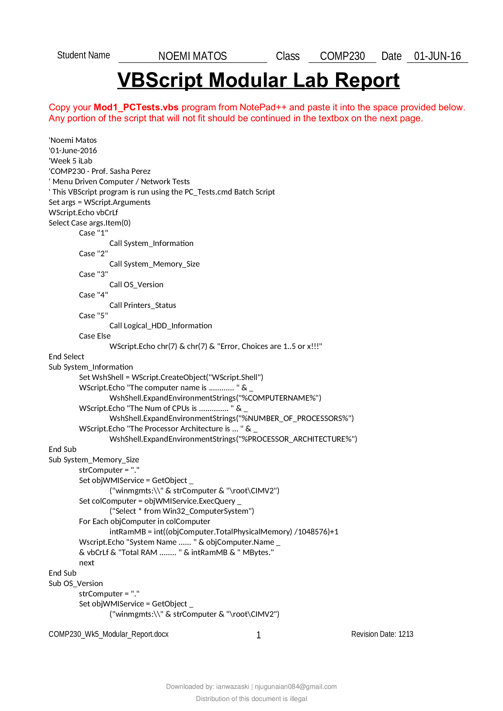 COMP 230 week 5 iLab report;VBScript Modular Lab Report - Pasing Grades