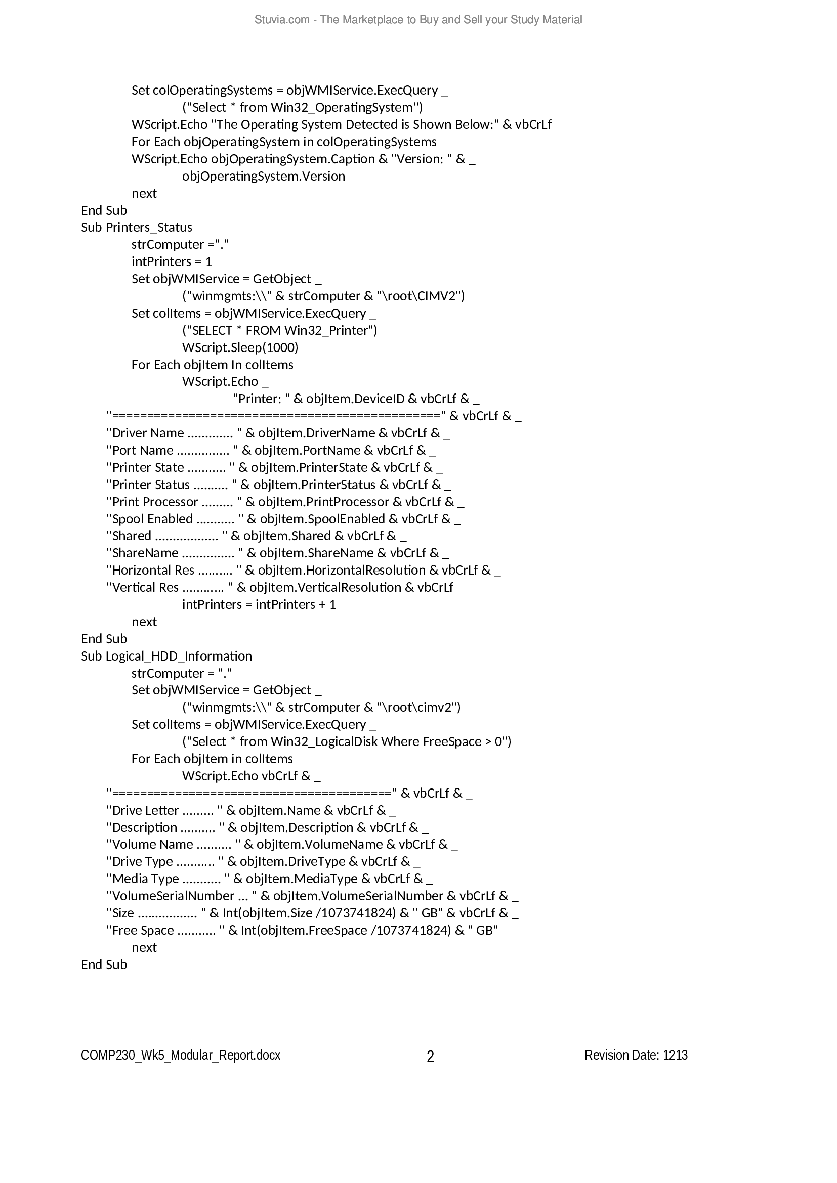 COMP 230 week 5 iLab report;VBScript Modular Lab Report - Pasing Grades