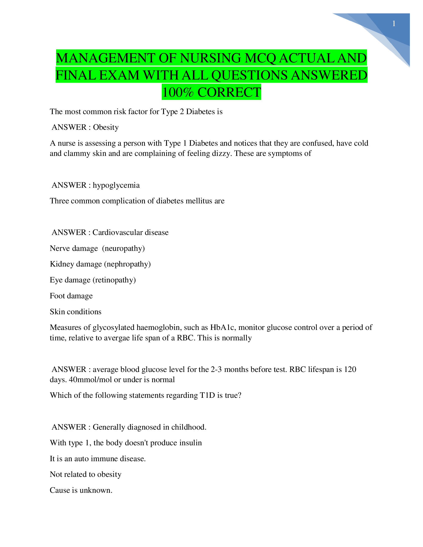 MANAGEMENT OF NURSING MCQ ACTUAL AND FINAL EXAM WITH ALL QUESTIONS ...