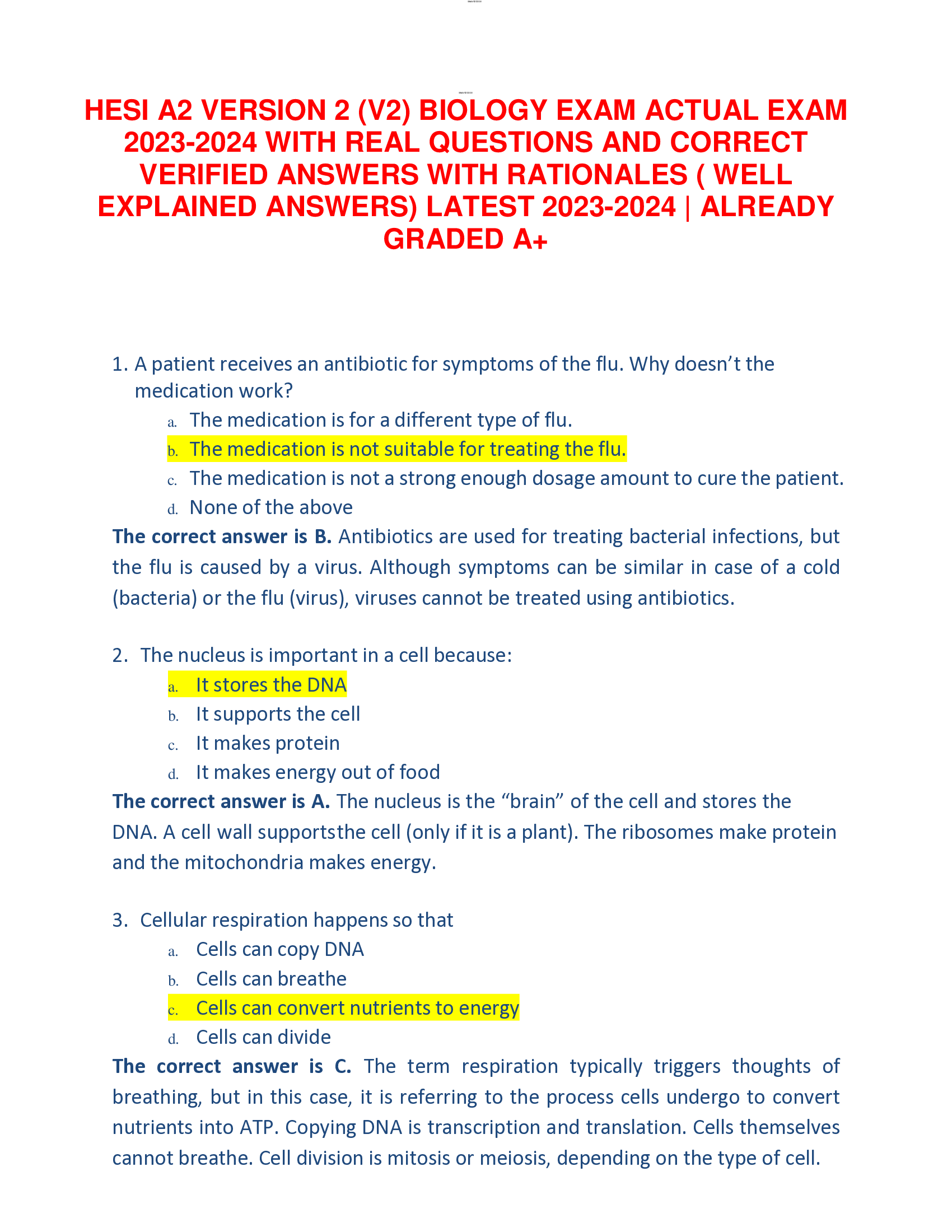 HESI A2 VERSION 2 (V2) BIOLOGY EXAM ACTUAL EXAM 2023-2024 WITH REAL ...