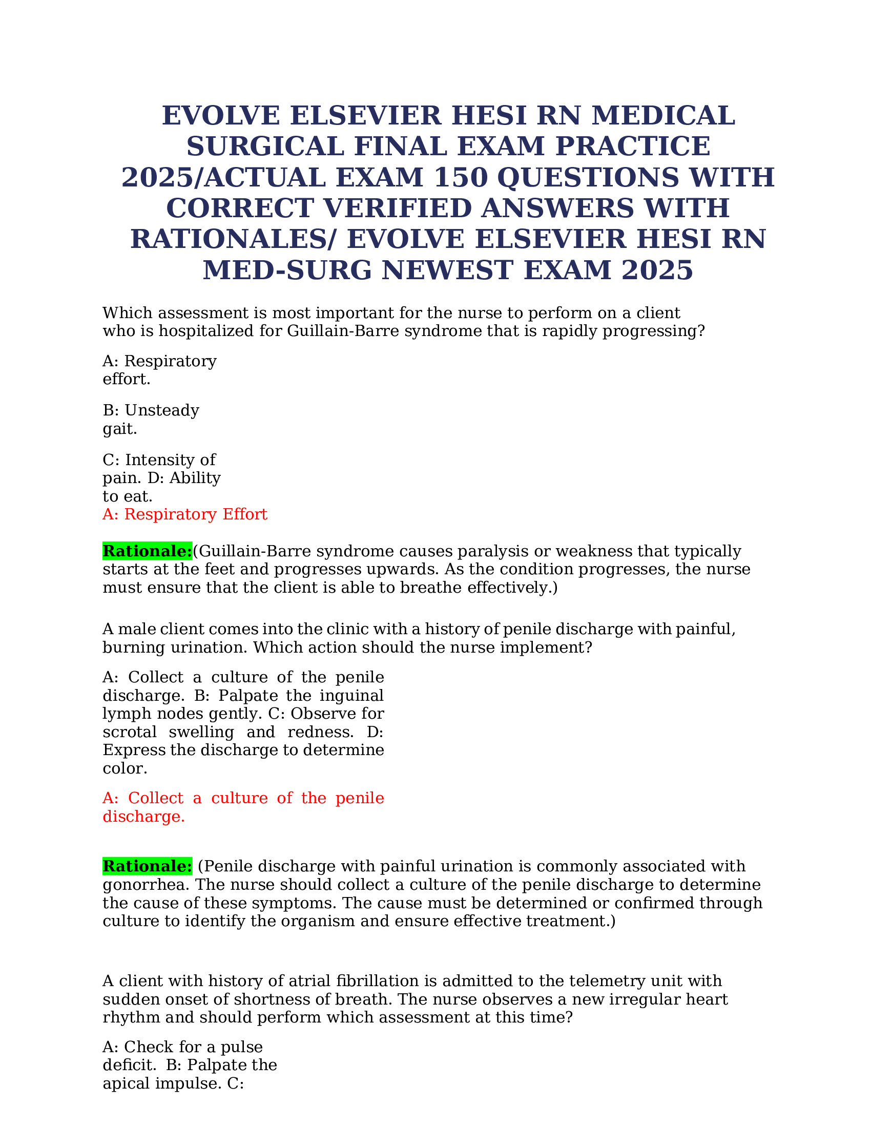 HESI Med Surg Final Exam Practice Questions Evolve Actual Elsevier Questions and Answers 2025 ...