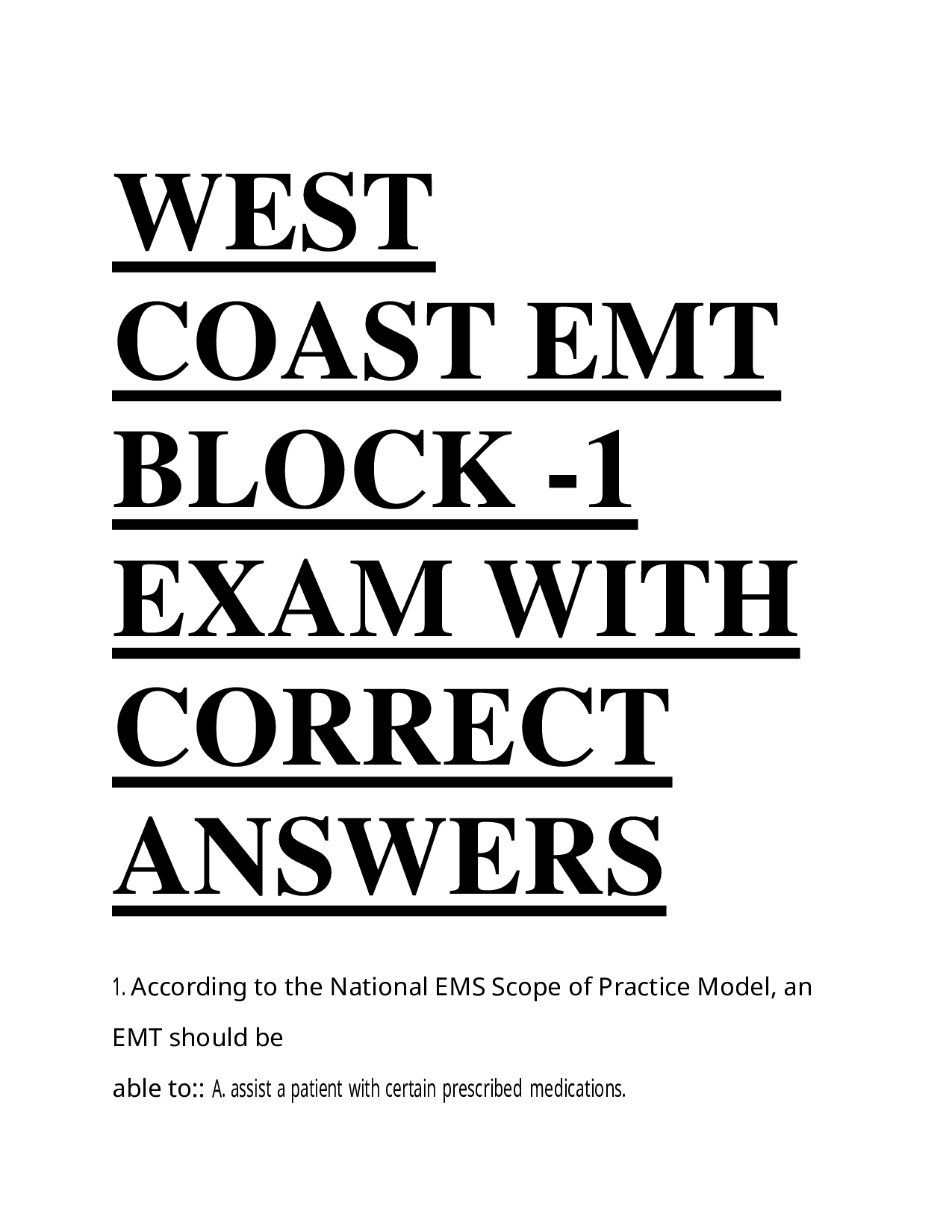 West Coast EMT Block -1 Exam 2026 With Correct Answers - Pasing Grades