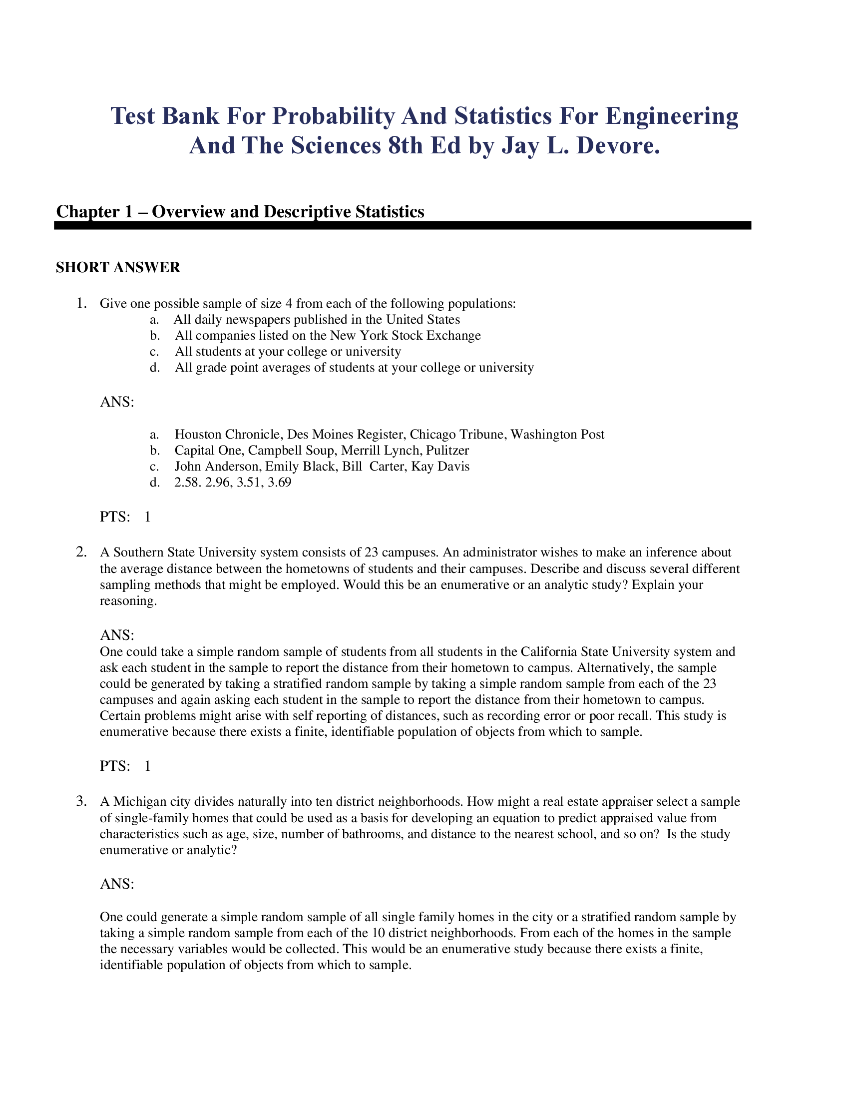 Test Bank For Probability And Statistics For Engineering And The ...