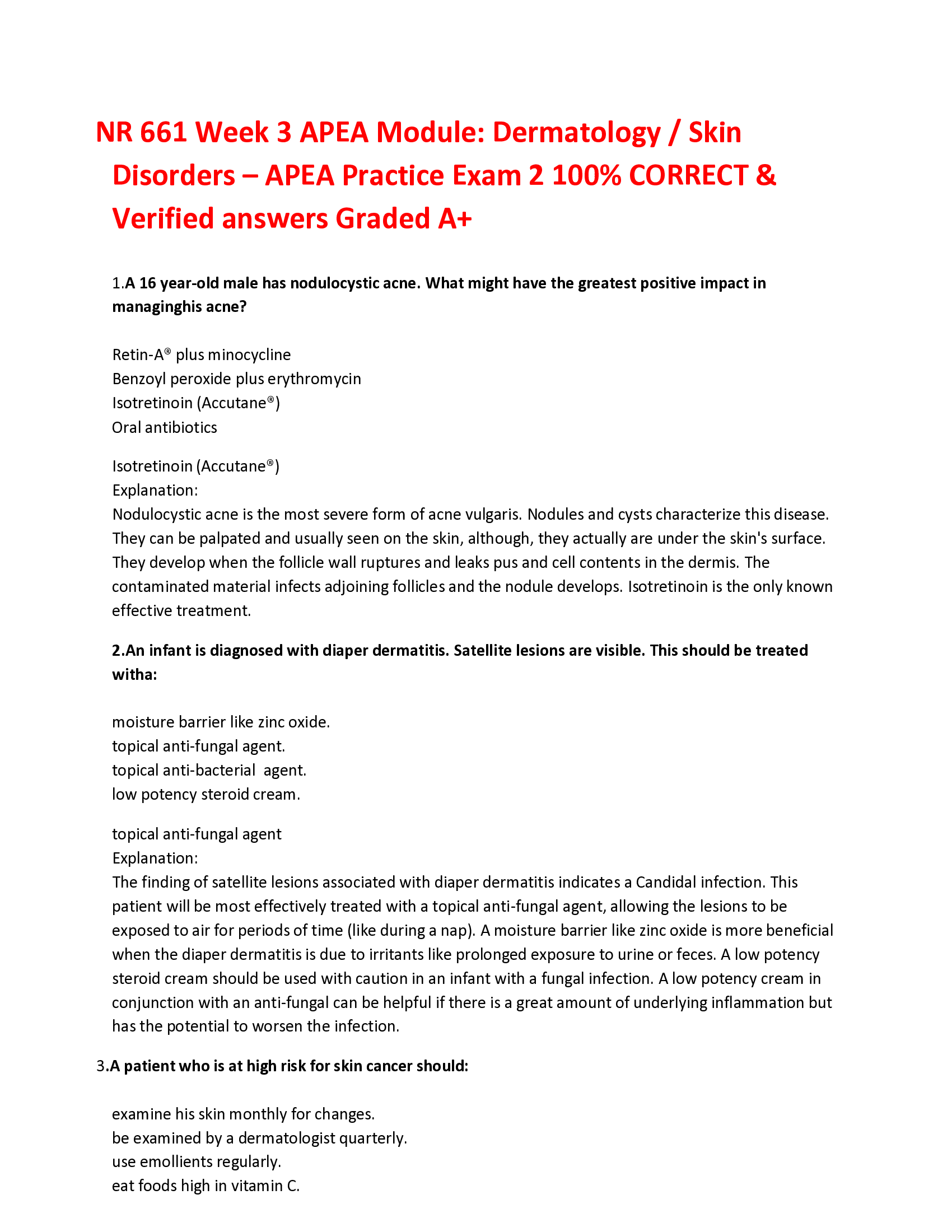 NR 661 Week 3 APEA Module: Dermatology , Skin Disorders – APEA Practice ...