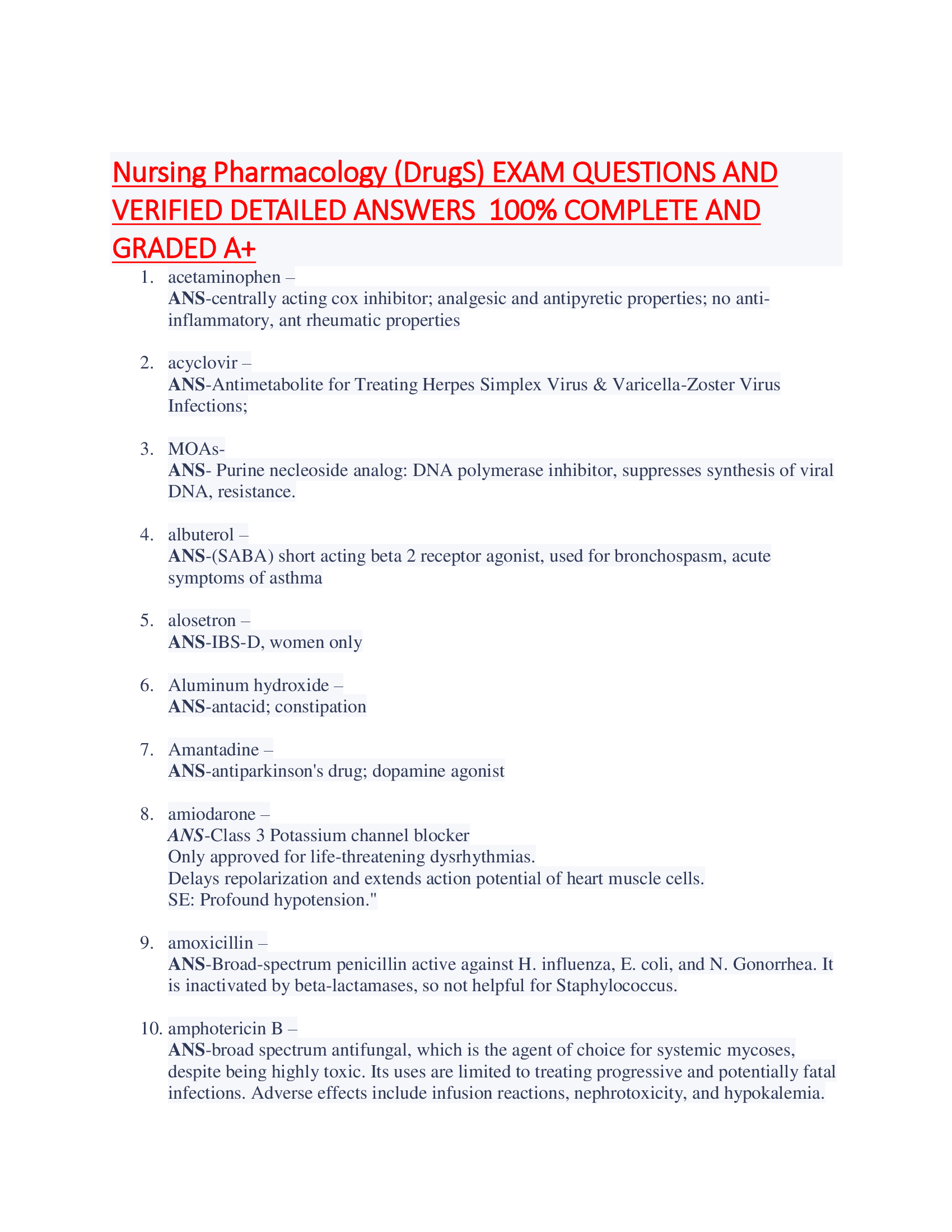 Nursing Pharmacology (DrugS) EXAM QUESTIONS AND VERIFIED DETAILED ...