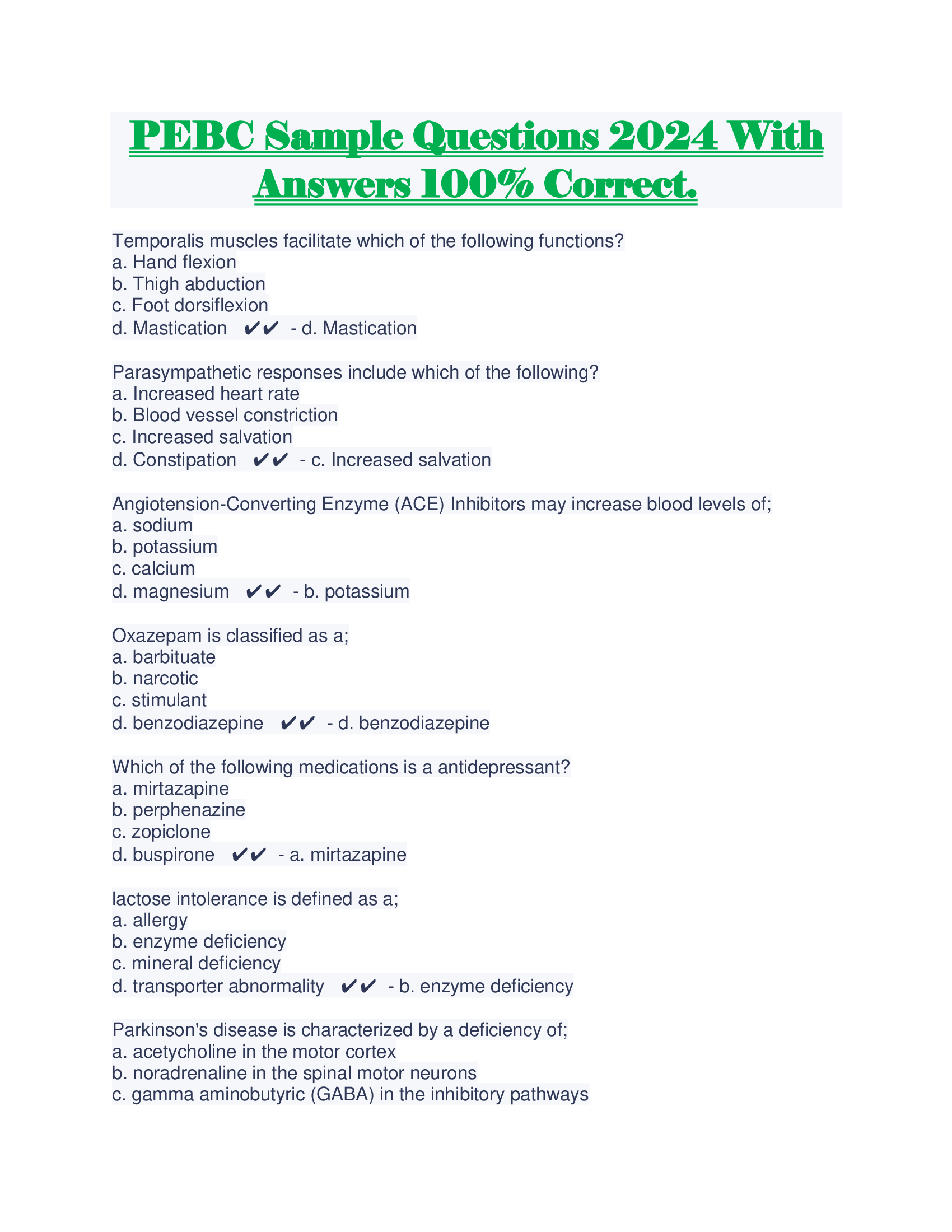 PEBC Sample Questions 2024 With Answers 100 Percent Correct. - Pasing ...