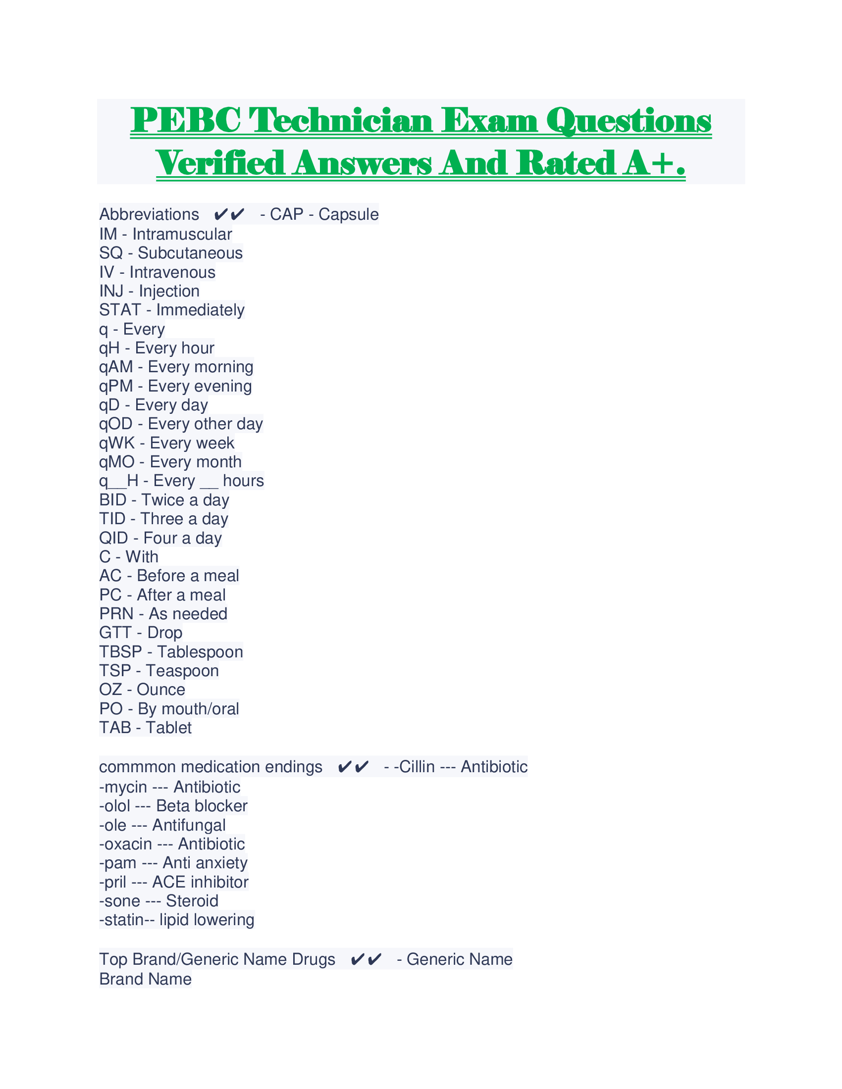 PEBC Technician Exam Questions Verified Answers And Rated A+. - Pasing ...