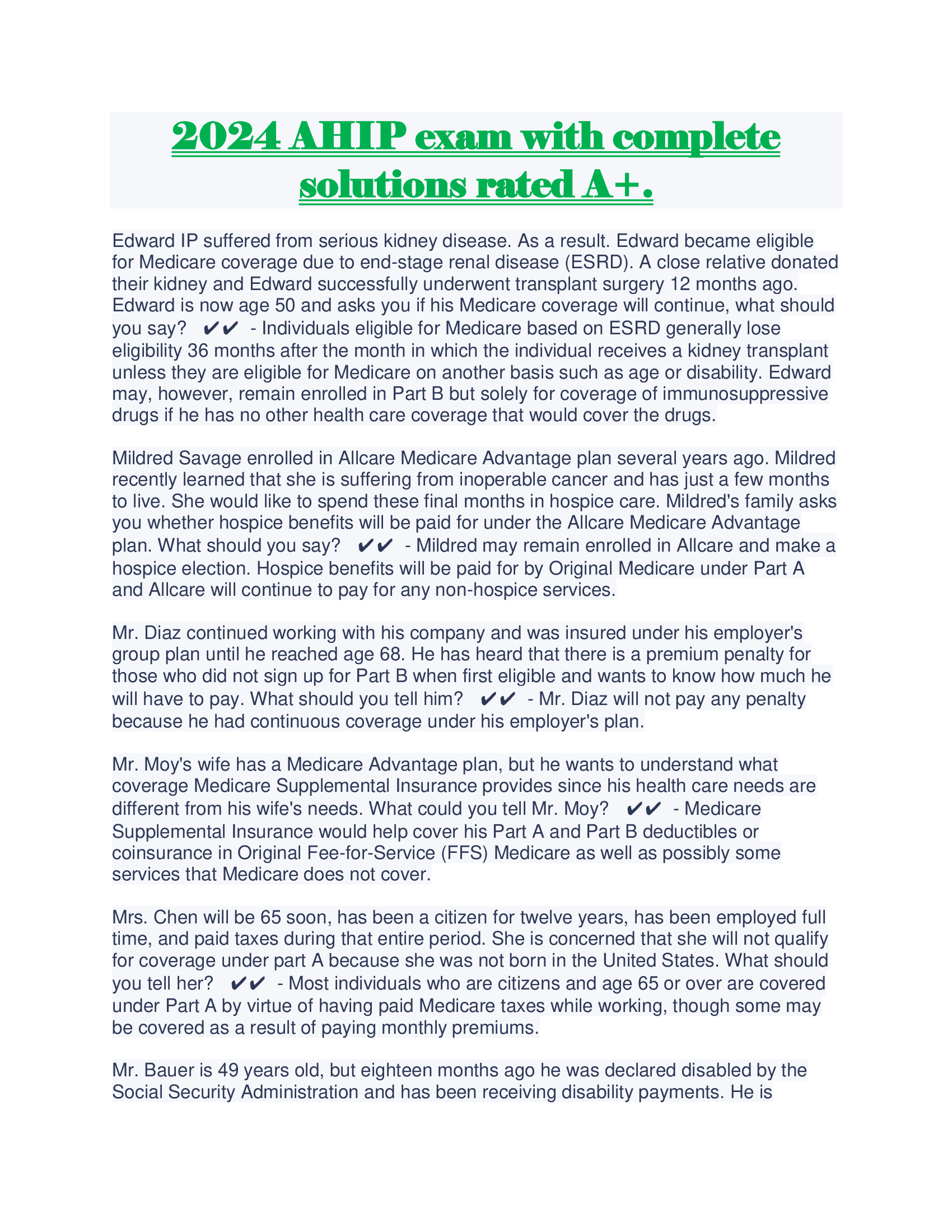 2024 AHIP exam with complete solutions rated A+. - Pasing Grades