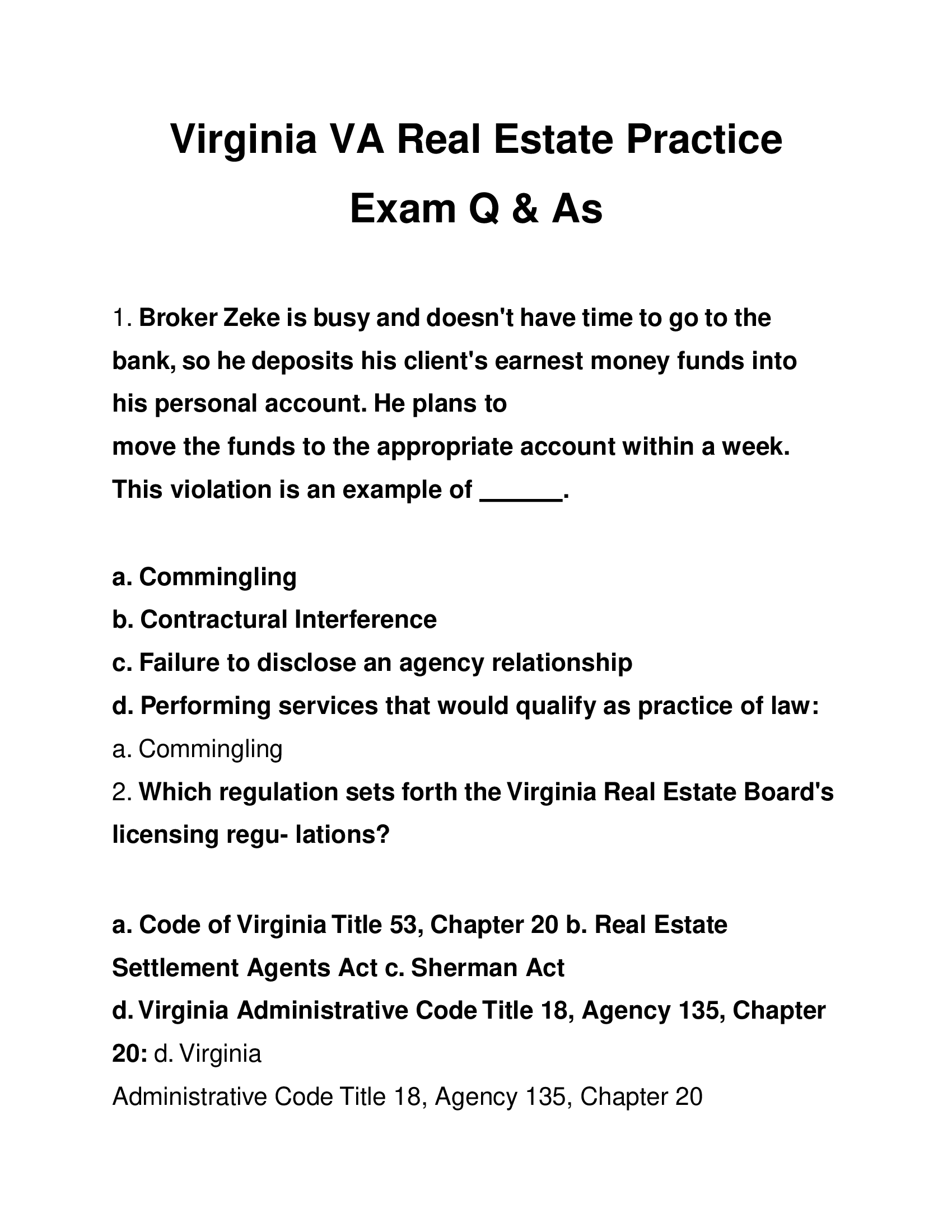 Virginia VA Real Estate Practice Exam Q & As - Pasing Grades