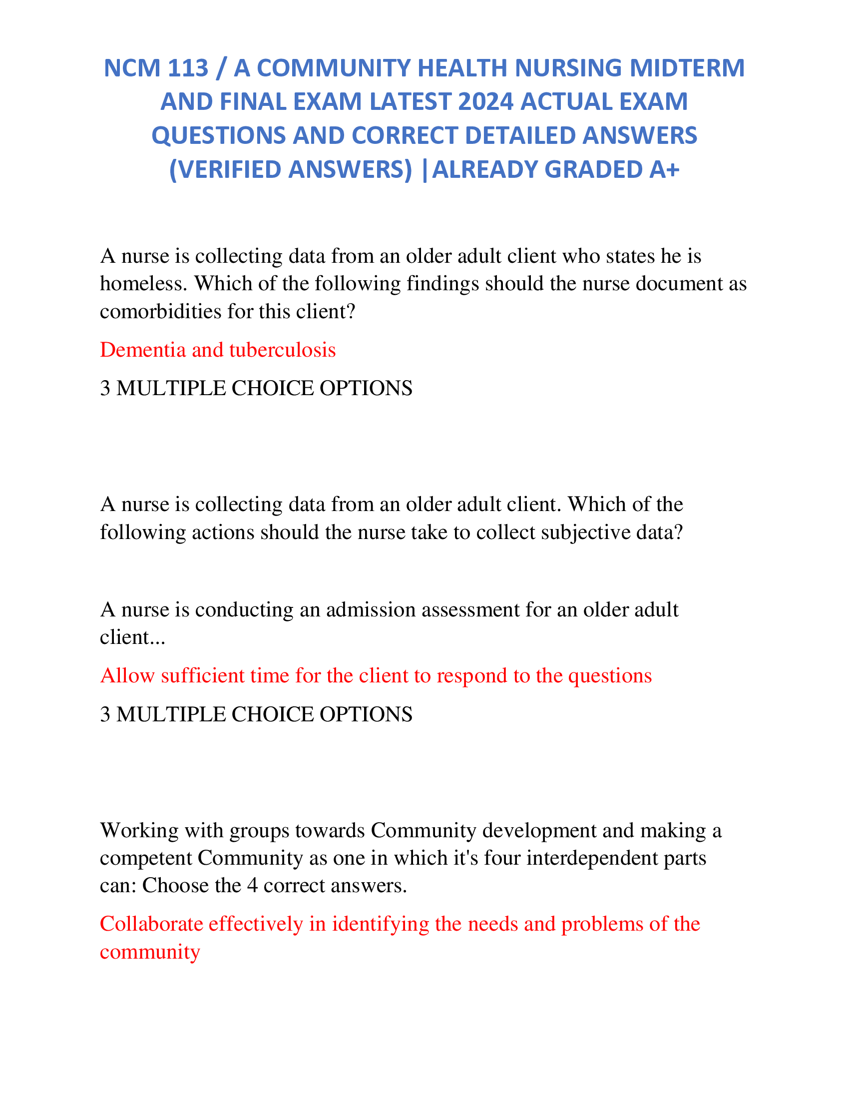 NCM 113, A COMMUNITY HEALTH NURSING MIDTERM AND FINAL EXAM LATEST 2024 ...