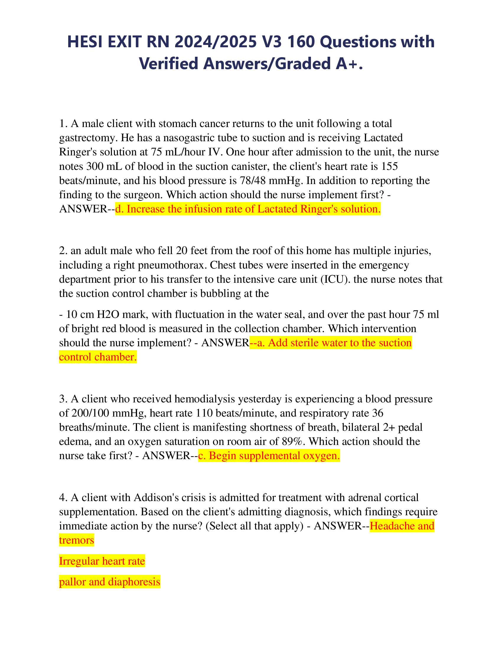 HESI EXIT RN 2024, 2025 V3 160 Questions with Verified Answers, Graded ...