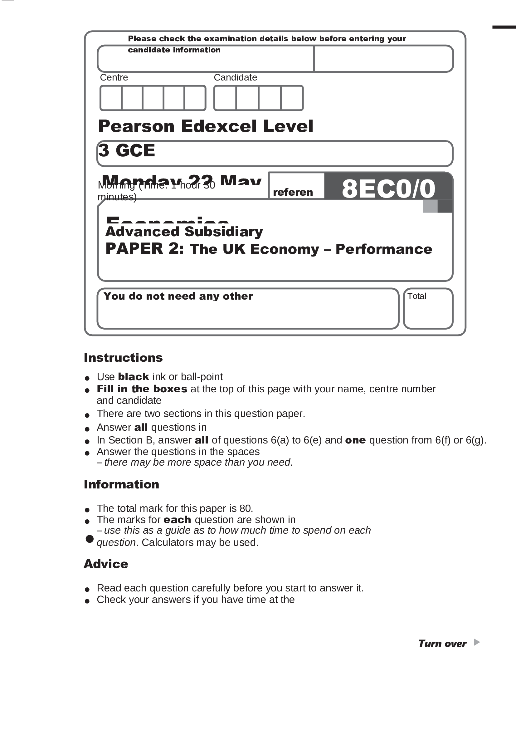 Pearson Edexcel Level 3 GCE Economics A Advanced Subsidiary PAPER 2: The UK Economy ...