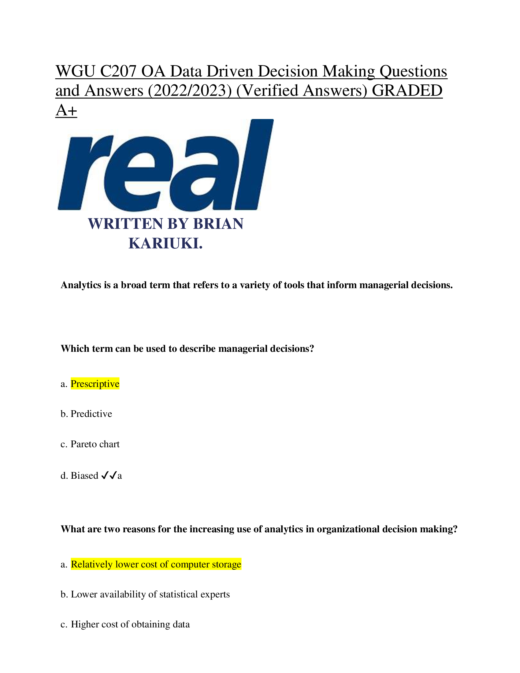 WGU C207 OA Data Driven Decision Making Questions and Answers (2022 ...