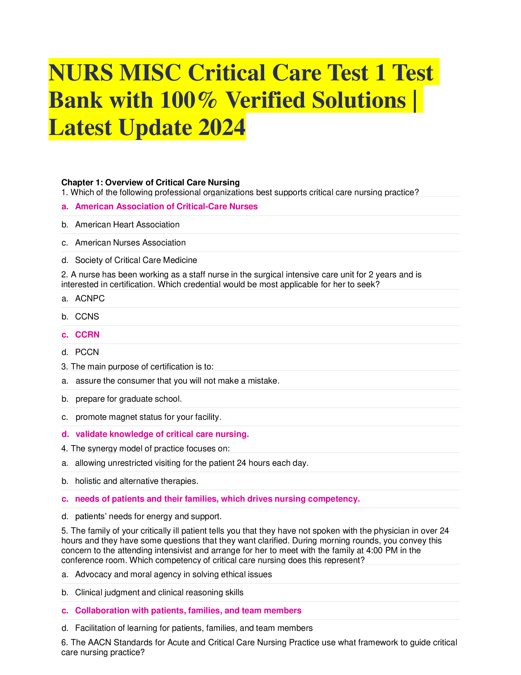 NURS MISC Critical Care Test 1 Test Bank with 100 percent Verified ...