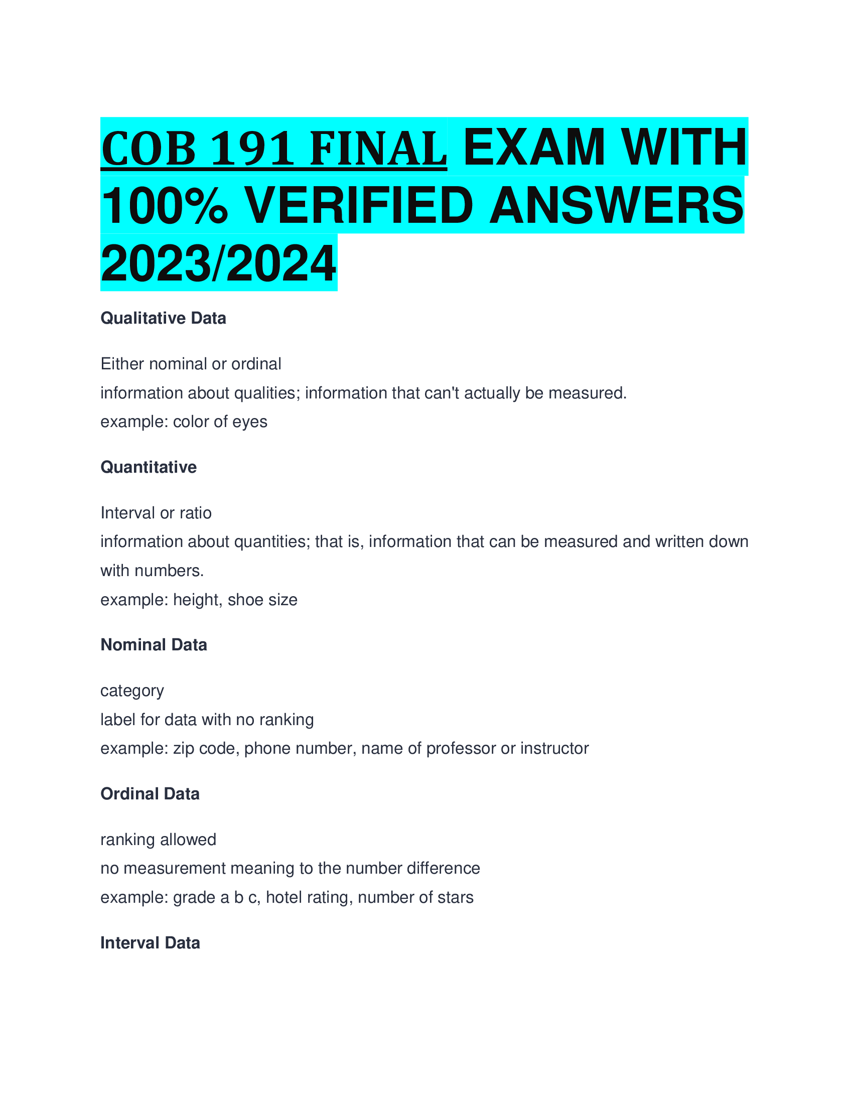 COB 191 FINAL EXAM WITH VERIFIED ANSWERS 2023,2024 - Pasing Grades