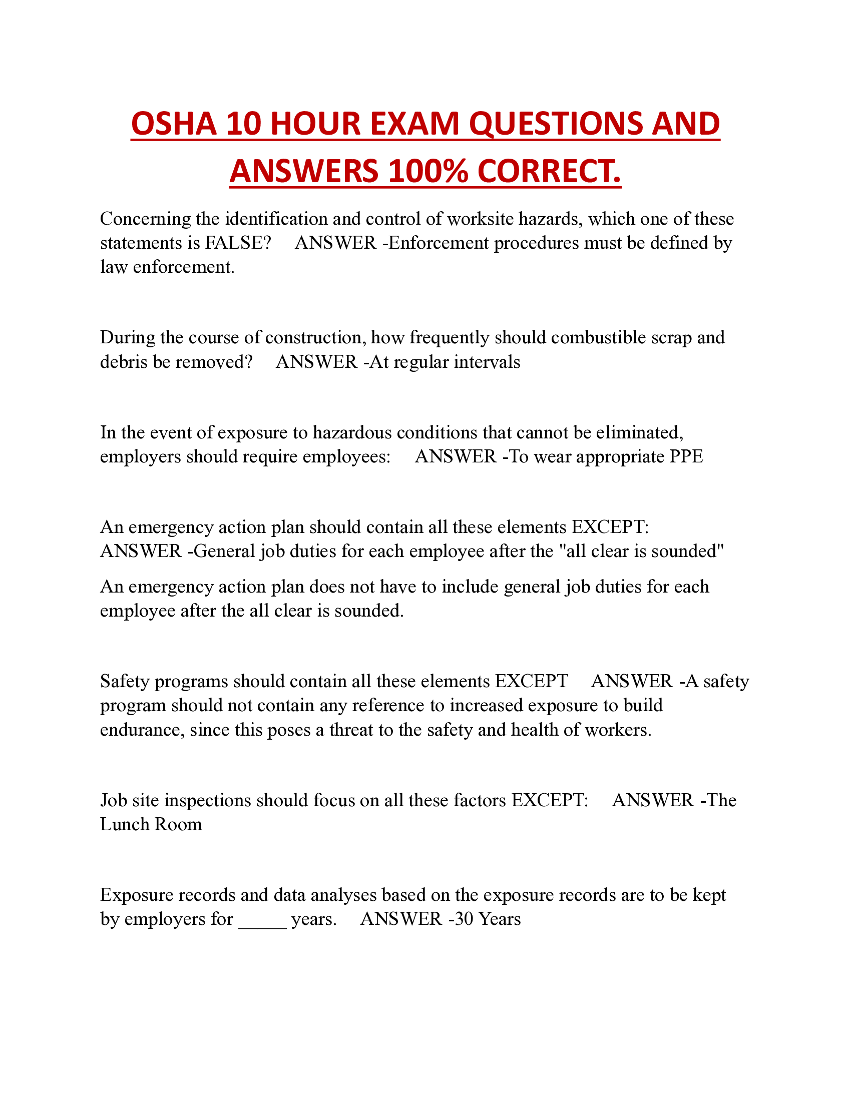 OSHA 10 HOUR EXAM QUESTIONS AND ANSWERS 100% CORRECT - Pasing Grades