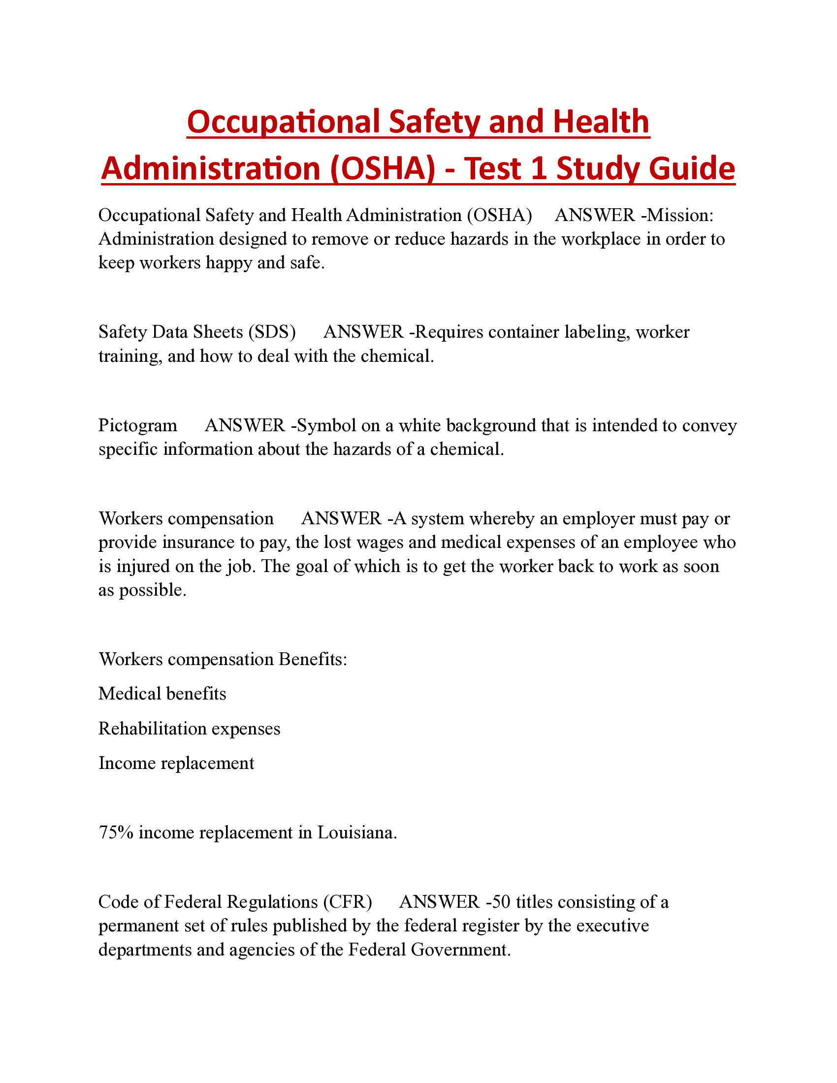 Occupational Safety and Health Administration (OSHA) - Test 1 Study ...