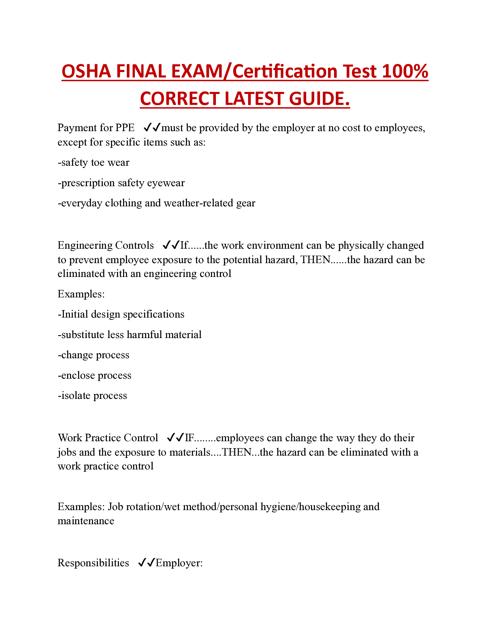 OSHA FINAL EXAM/Certification Test 100% CORRECT LATEST GUIDE. - Pasing ...